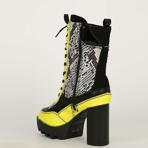 BAMBOO | Shoes | New Neon Yellow Snake High Heel Combat Booties | Poshmark